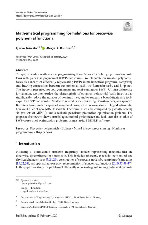 Pdf Mathematical Programming Formulations For Piecewise Polynomial Functions