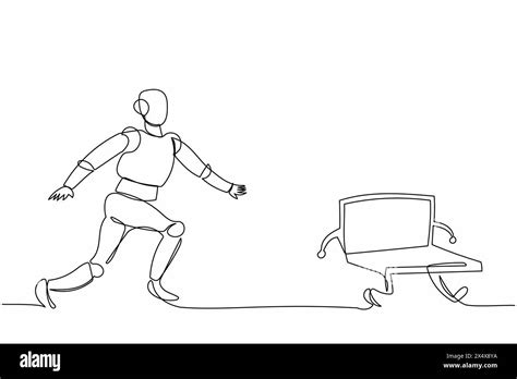 Single Continuous Line Drawing Robot Chasing Laptop Computer Deadline