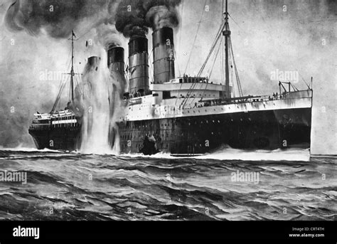Drawing Shows The Rms Lusitania As A Second Torpedo Hits Behind A