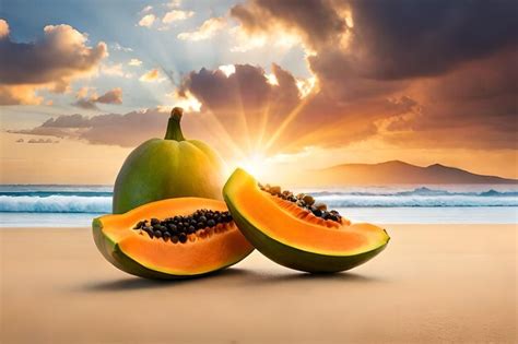Premium Ai Image A Melon With A Sunset In The Background