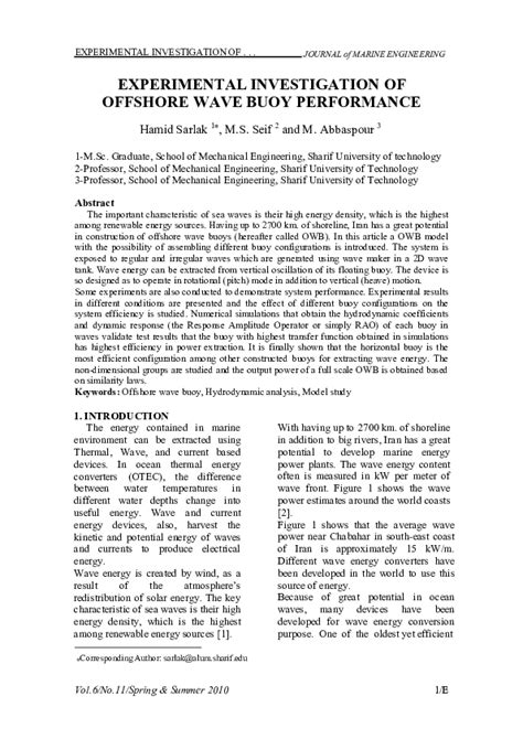 Pdf Experimental Investigation Of Offshore Wave Buoy Performance