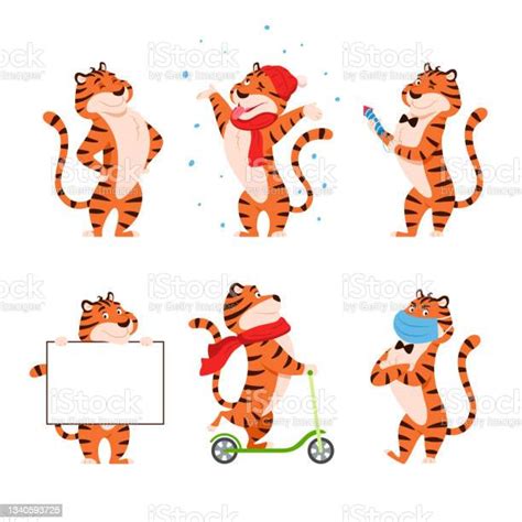 흰색 배경에 사랑스러운 호랑이 컬렉션 새해 2022 귀여운 만화 행복 중국어 기호 불꽃놀이 크래커 빈 배너 킥 스쿠터 크리스마스 휴일 벡터 일러스트와 줄무늬 와일드 캣
