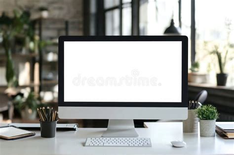 Computers With White Mockup Screen In A Classroom Setting Stock Image Image Of Computer Space