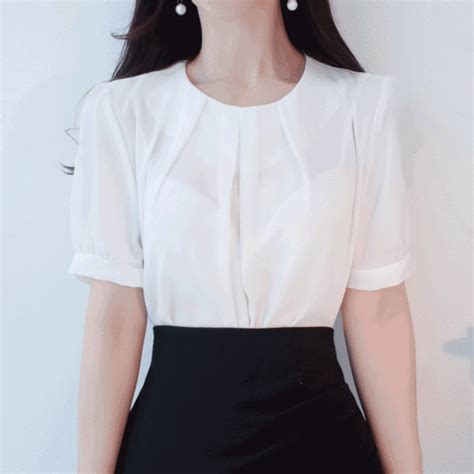 여름 면접룩 반팔 마코 라운드넥 핀턱 셔링 쉬폰블라우스4color