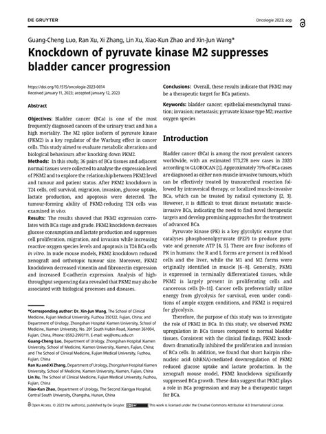 Pdf Knockdown Of Pyruvate Kinase M2 Suppresses Bladder Cancer Progression
