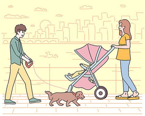 남자와 여자가 각자 개와 유모차를 끌고 산책하고 있다 유토이미지 상세페이지 베이직샵 일러스트 21493621