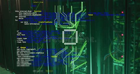Circuit Board And Programming Code Animation Over Server Racks In Data