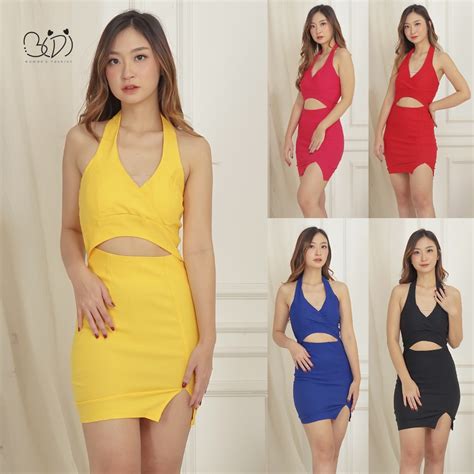 Jual Bidi Therese Bodycon Dress V Neck Mini Tanpa Lengan Motif Polos