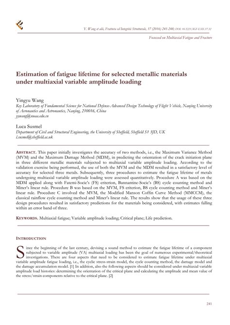 Pdf Estimation Of Fatigue Lifetime For Selected Metallic Materials Under Multiaxial Variable