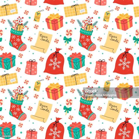 크리스마스 선물 패턴입니다 선물 상자 크리스마스 스타킹 선물 및 막대 사탕과 완벽 한 벡터 그림 간단한 휴일 요소를 가진 다채로운 축제 크리스마스 배경 플랫과 낙서 계절에