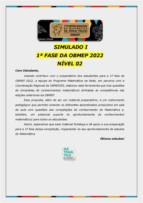 Simulado Obmep Fase 2 Nivel 2 Provas Matemática Docsity