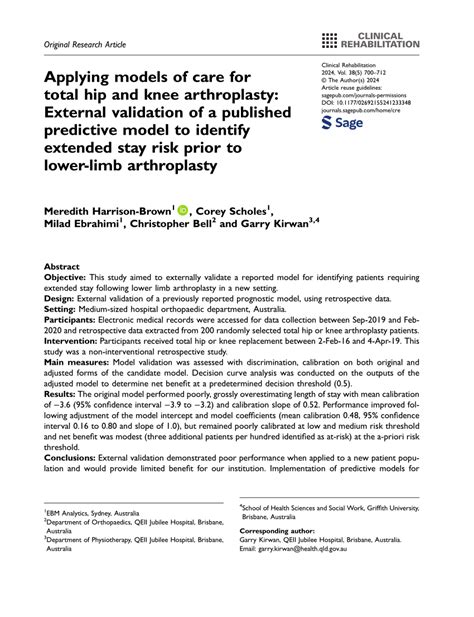 Applying Models Of Care For Total Hip And Knee Arthroplasty External Validation Of A Published