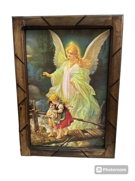 Small Guardian Angel Print With Wood Frame Inspirational Religious D