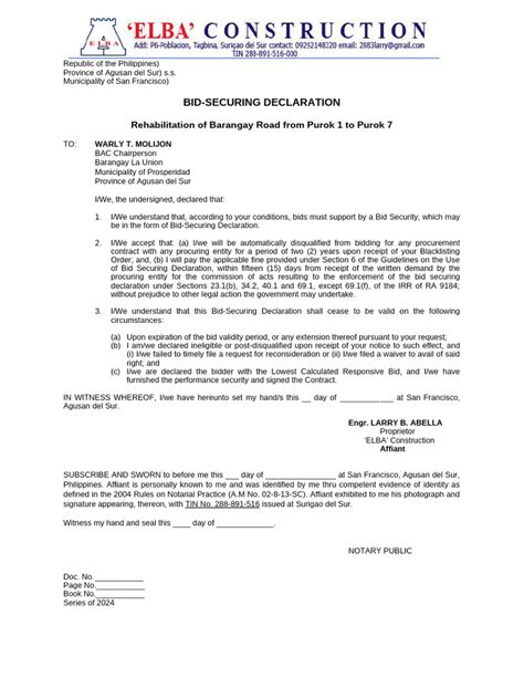 Bid Securing Declaration Pdf Affidavit Civil Law Common Law