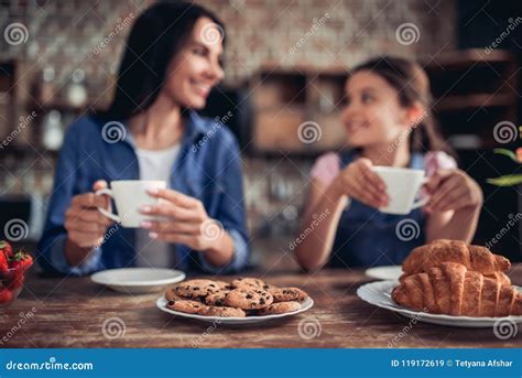 Mother And Daughter Drinking Tea Stock Image Image Of Drinking