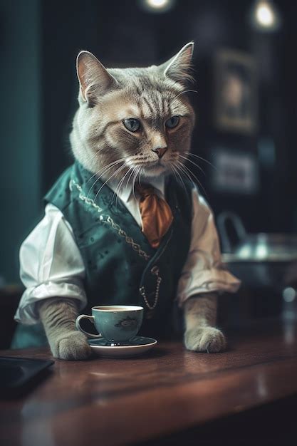 Katze Mit Grüner Weste Und Grünen Augen Steht Neben Einer Kaffeetasse