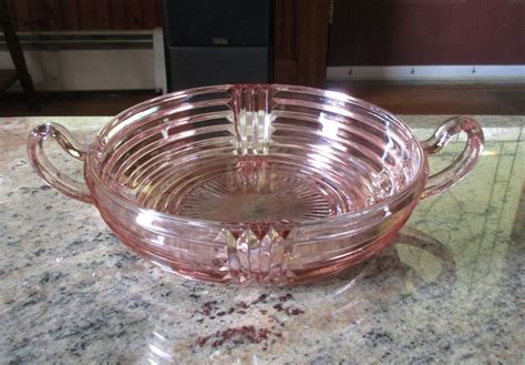 Vintage Pink Depression Glass Horizontal Ribbed Two Handled Dish Bowl