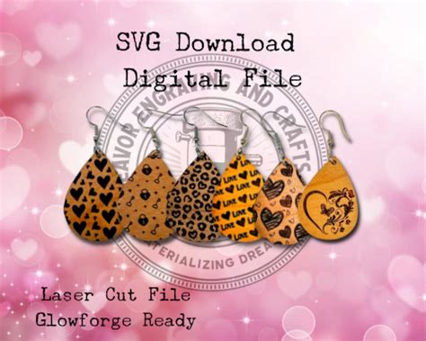 Heart Earring Teardrop SVG Engraving Files For Valentines Day Dangle Earrings Glowforge Ready