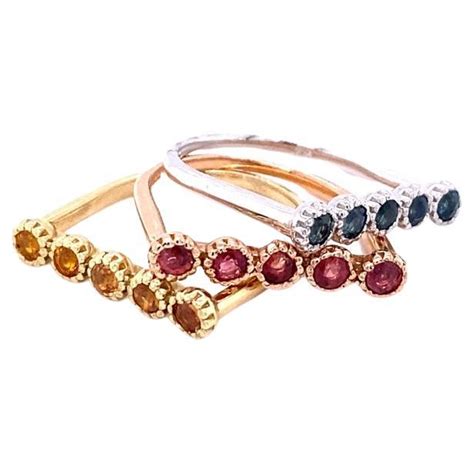 Set Of 3 Tri Color 14k Gold Stackable Wave Band Rings Ruby Sapphire