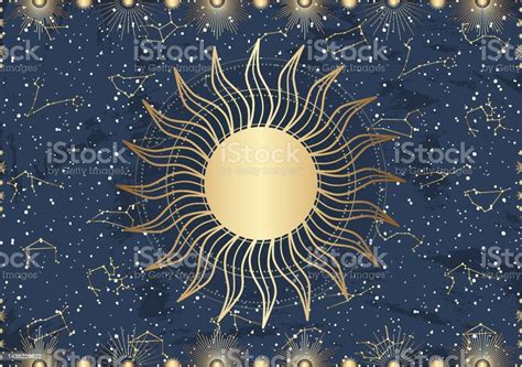 황금 태양 일광욕 광선 별의 손으로 그린 카드 별자리 천상의 공간 조디악 별자리 기호 별 점성술 점성술 기호 아이콘 마법의 우주 은하 벡터 스케치 일러스트 레이 션 1위에