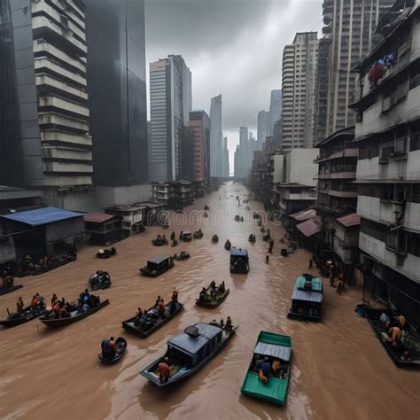 Urban Flooding Disaster With Boats Navigating City Streets Stock Image