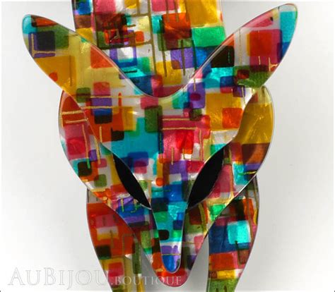 Lea Stein Fox Brooch Pin Multicolor Pattern Black Aubijou Boutique