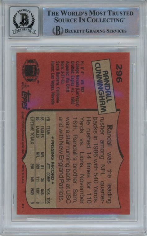 Randall Cunningham Signed 1987 Topps 296 Rookie Card Beckett 10 Slab