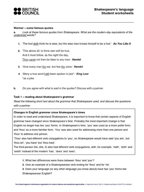 Shakespeares Language Worksheet Pdf