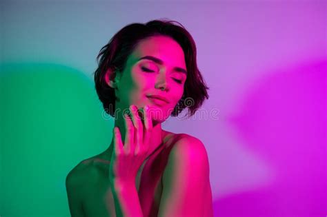 Photo Of Pretty Girl Lady Touch Face Skin Close Eyes Enjoy Tenderness Isolated Multicolor
