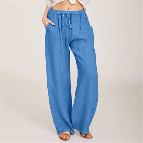 Womens Casual Solid Cotton Linen Drawstring Elastic Waist Long Wide