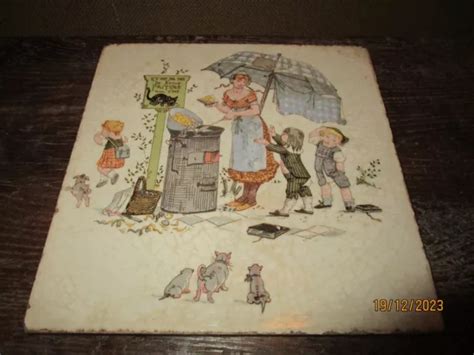 Carreau De FaÏence Ancien Décor Humoristique Avec Animaux Enfants Etc