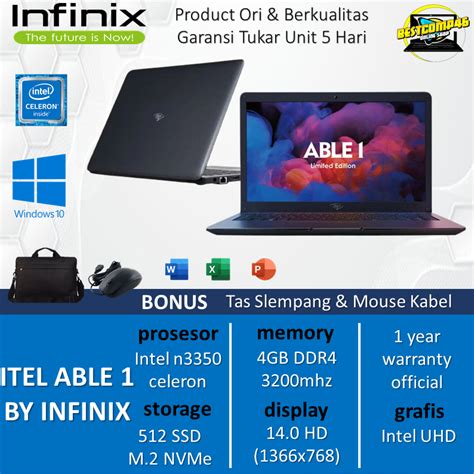 Jual ITEL Laptop Able 1 Infinix Celeron N3350 Ram 4GB 512SSD Win10 14