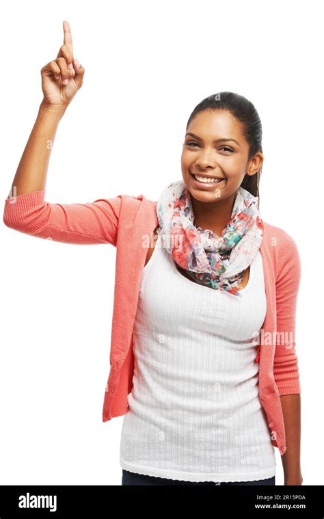 Onwards And Upwards An Attractive Young Woman Pointing Upwards Stock