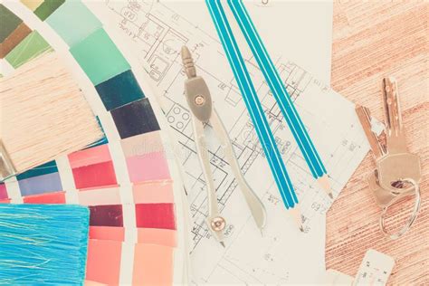 Designer S Working Table Stock Image Image Of Architect 75092379