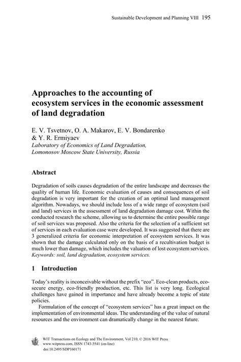 Pdf Approaches To The Accounting Of Ecosystem Services In The Economic Assessment Of Land