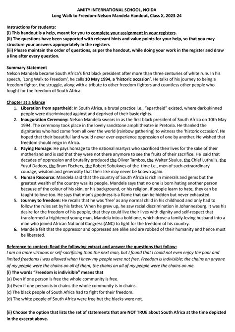 Solution Handout Nelson Mandela Class X Docx Studypool