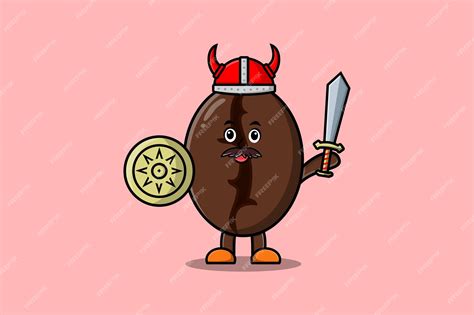 모자와 칼과 방패 그림을 들고 해적을 바이킹하는 귀여운 만화 캐릭터 커피 콩 프리미엄 벡터