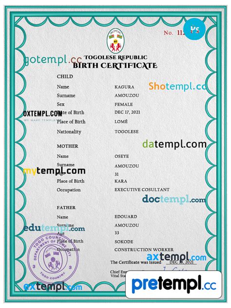 Togo Birth Certificate Psd Example Completely Editable Pretempl