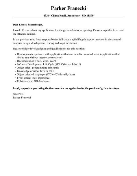 Python Developer Cover Letter Velvet Jobs