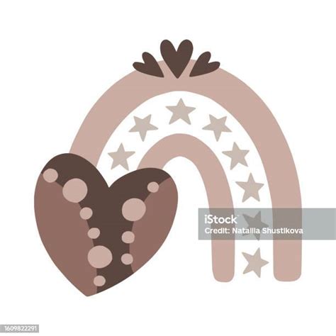 순진한 어린이 스타일의 별과 하트가 있는 보헤미안 무지개 가을 따뜻한 파스텔 색상의 무지개 그림 인사말 카드 초대장 인쇄물