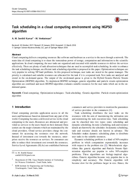 Pdf Task Scheduling In A Cloud Computing Environment Using Hgpso