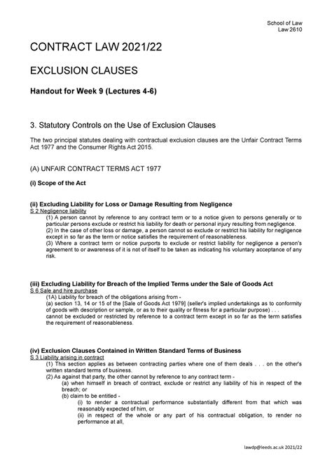 Contract Law Exclusion Clauses Statutory Controls And Case Law Studocu