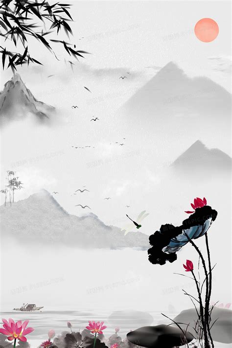 典雅中国风水墨山水荷花背景背景图片下载 3543x5315像素JPG格式 编号138fx0njv 图精灵