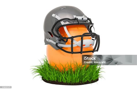 녹색 잔디에 미식 축구 헬멧달걀 흰색 배경에 고립 된 3d 렌더링 3차원 형태에 대한 스톡 사진 및 기타 이미지 3차원 형태