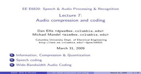 Pdf Lecture 7 Audio Compression And Coding Columbia Dpwee6820