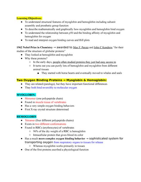 Module 4 Oxygen Binding Proteins Learning Objectives To Understand