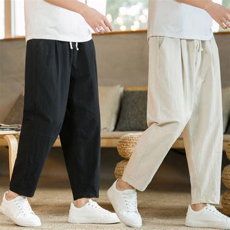 남자 외출 패션 린넨 소재 허리 밴딩 9부 바지 팬츠 온채널