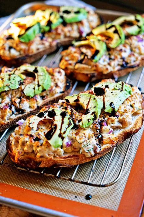 Open Faced Gruyere Chicken Melt With Avocado And Balsamic Syrup