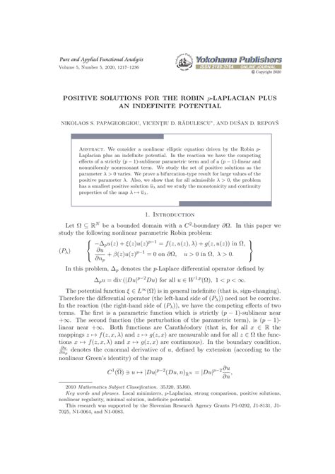 Pdf Positive Solutions For The Robin P Laplacian Plus An Indefinite Potential