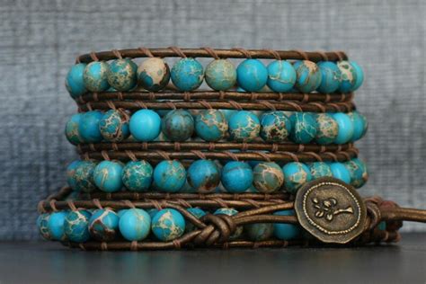 Turquoise Wrap Bracelet Aqua Terra Jasper On Bronze Leather Etsy